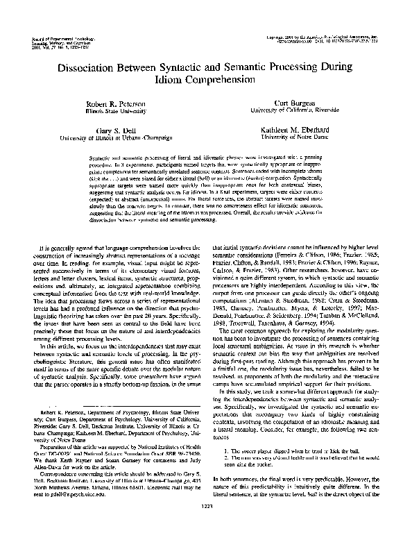 (PDF) Dissociation between syntactic and semantic processing during idiom comprehension