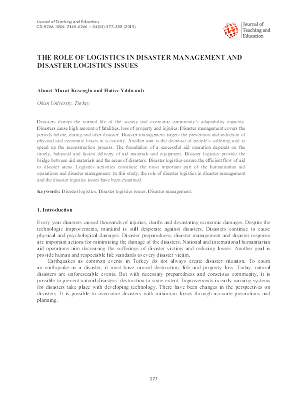 (PDF) THE ROLE OF LOGISTICS IN DISASTER MANAGEMENT AND DISASTER ...