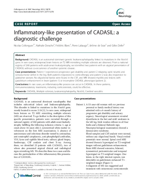(PDF) Inflammatory-like presentation of CADASIL: a diagnostic challenge