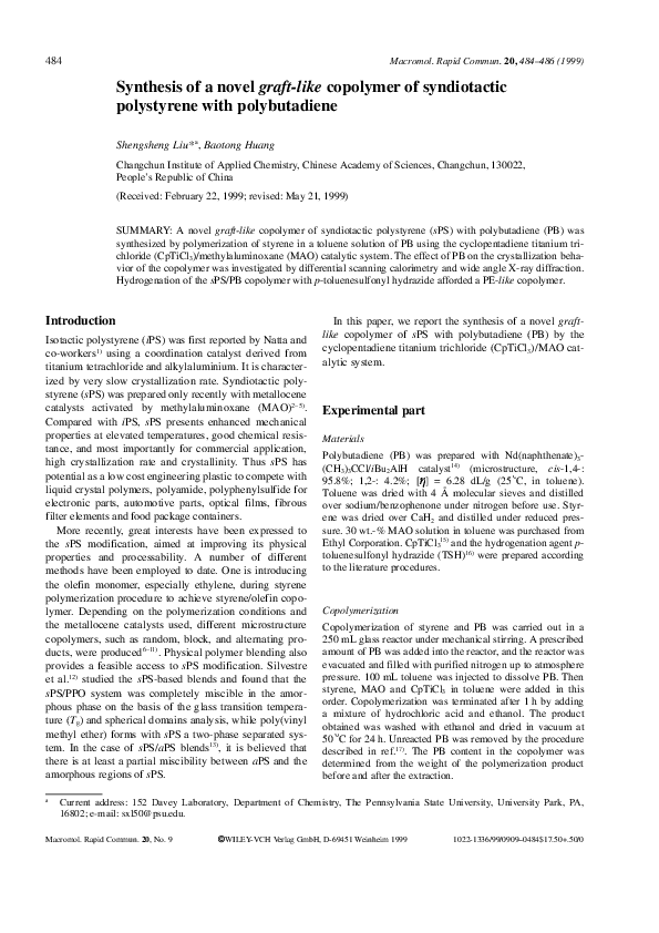 (PDF) Synthesis of a novelgraft-like copolymer of syndiotactic polystyrene with polybutadiene