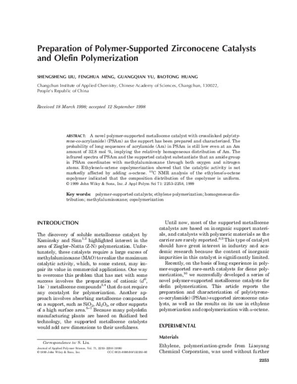 Pdf Preparation Of Polymer‐supported Zirconocene Catalysts And Olefin Polymerization