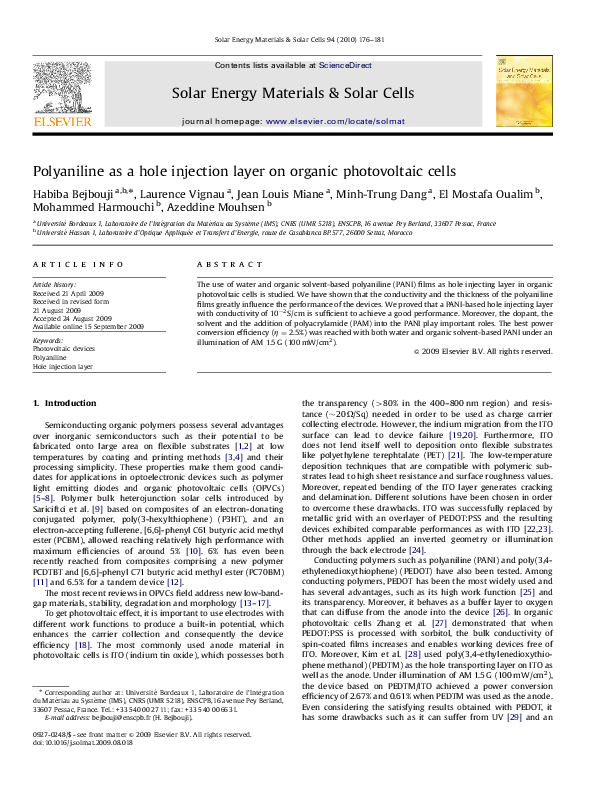 (PDF) Polyaniline as a hole injection layer on organic photovoltaic cells