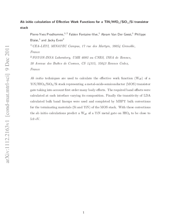 (PDF) Ab initio calculation of effective work functions for a TiN/HfO2/SiO2/Si transistor stack