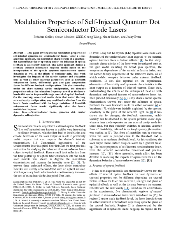(PDF) Modulation Properties of Self-Injected Quantum-Dot Semiconductor Diode Lasers