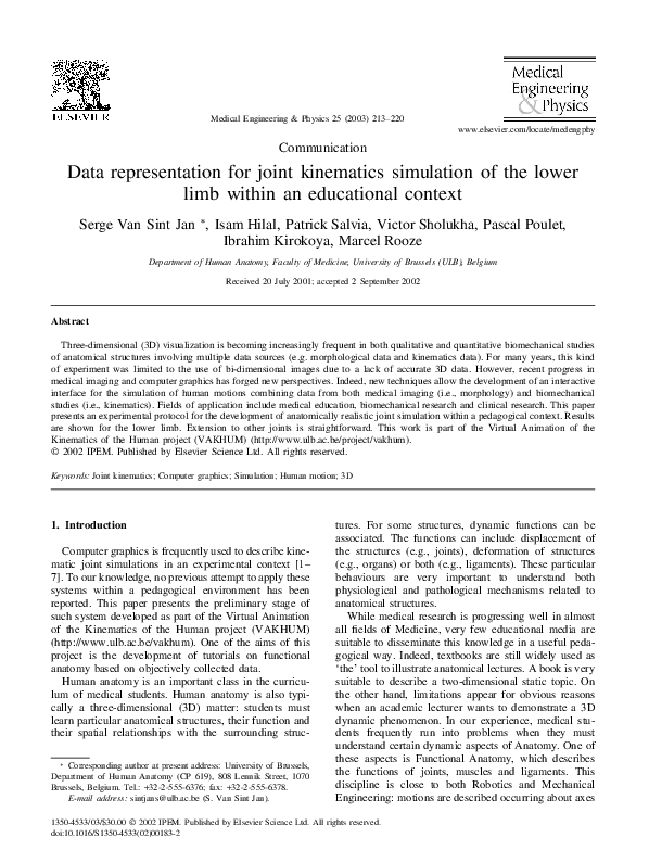 Pdf Data Representation For Joint Kinematics Simulation Of The Lower