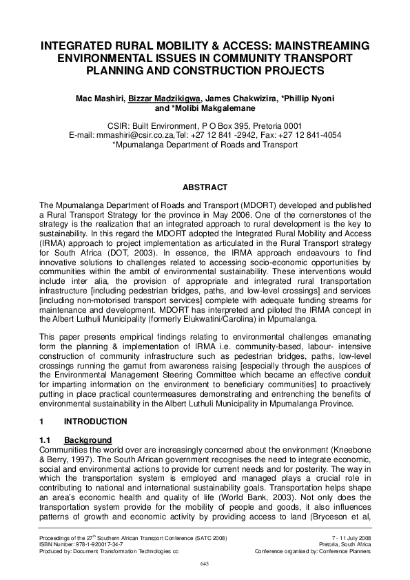 (PDF) INTEGRATED RURAL MOBILITY & ACCESS: MAINSTREAMING ENVIRONMENTAL ...