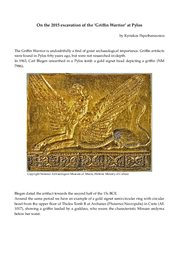 (DOC) On the 2015 excavation of the 'Griffin Warrior' at Pylos