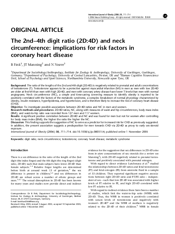 (PDF) The 2nd–4th digit ratio (2D:4D) and neck circumference ...