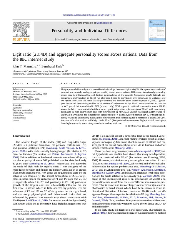 (PDF) Digit ratio (2D:4D) and aggregate personality scores across ...
