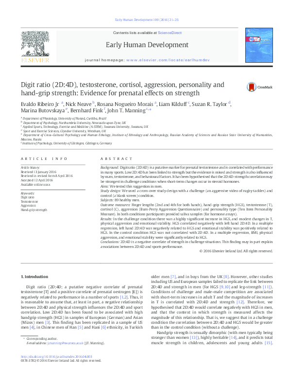 (PDF) Digit ratio (2D:4D), testosterone, cortisol, aggression ...
