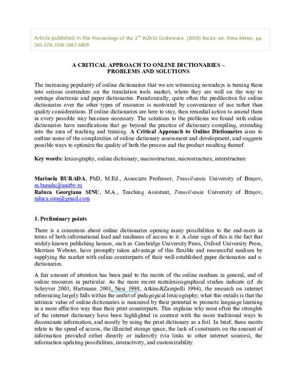 (PDF) A Critical Approach to Online Dictionaries – Problems and Solutions