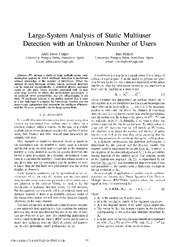 Pdf Large System Analysis Of Static Multiuser Detection With An Unknown Number Of Users