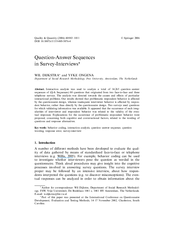 (PDF) Question-Answer Sequences in Survey-Interviews