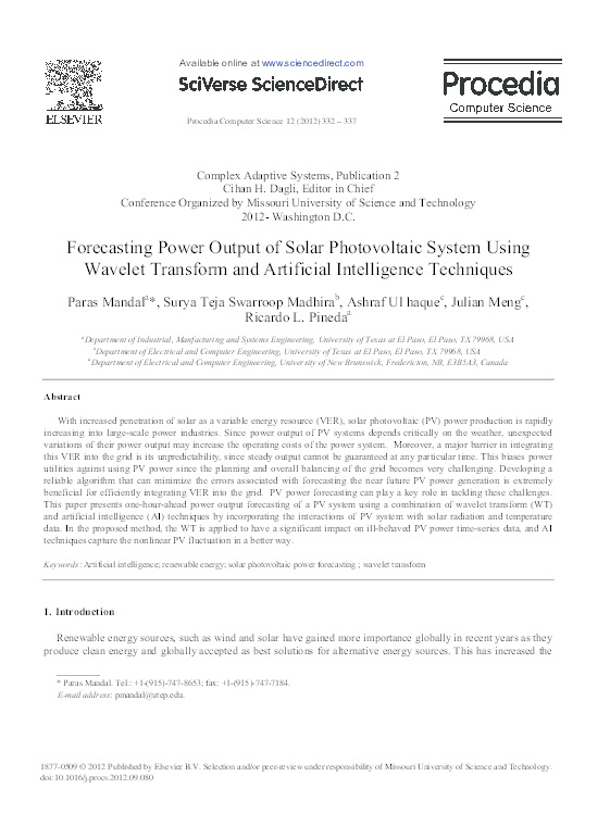 Pdf Forecasting Power Output Of Solar Photovoltaic System Using