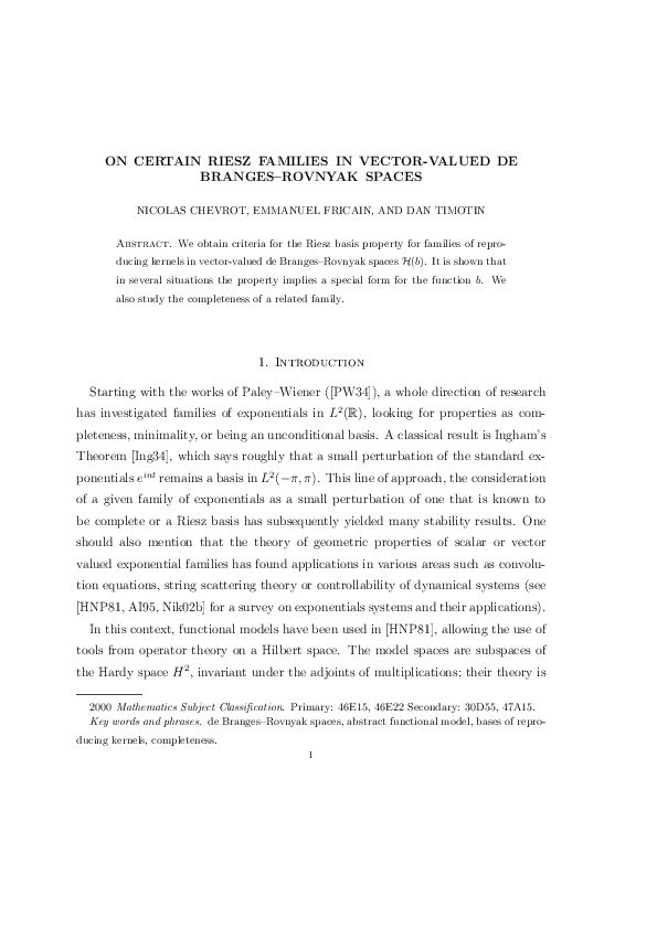 (PDF) On certain Riesz families in vector-valued de Branges–Rovnyak spaces