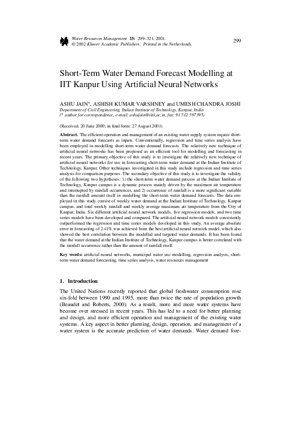 (PDF) Short-Term Water Demand Forecast Modelling at IIT Kanpur Using Artificial Neural Networks
