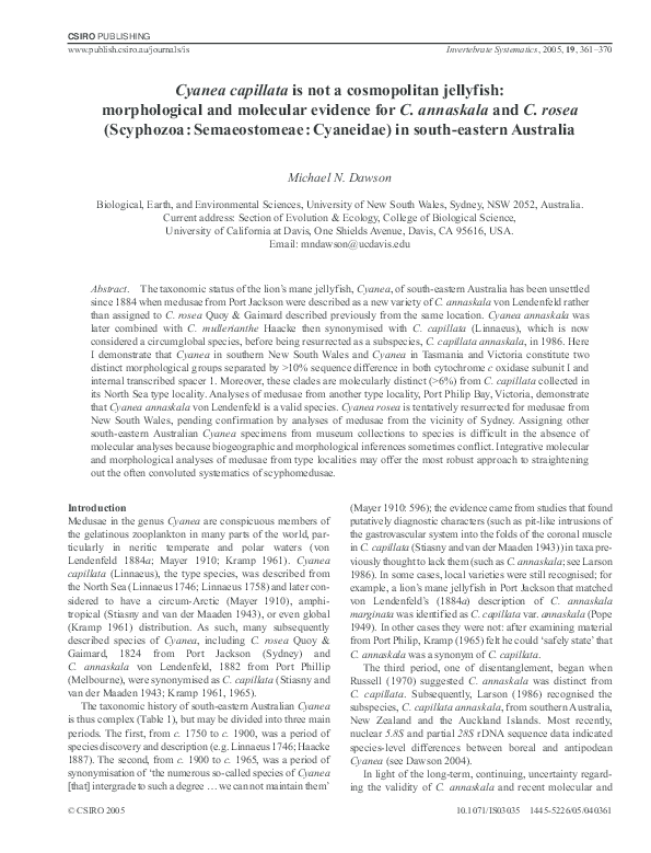 (PDF) Cyanea capillata is not a cosmopolitan jellyfish: molecular ...