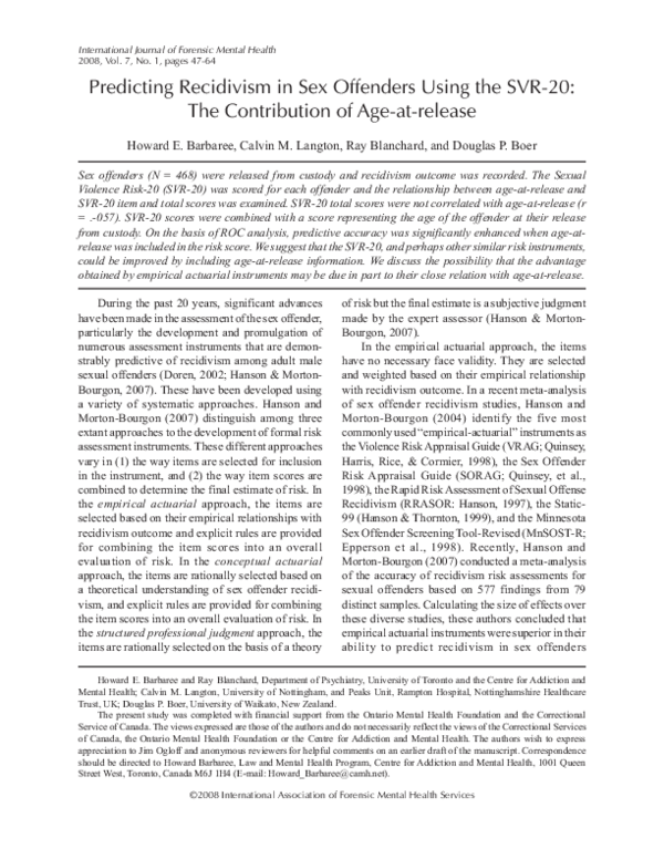 Pdf Predicting Recidivism In Sex Offenders Using The Svr 20 The