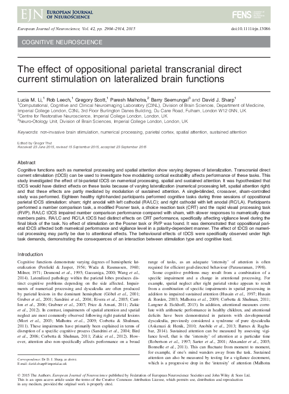 (PDF) The effect of oppositional parietal transcranial direct current stimulation on lateralized ...
