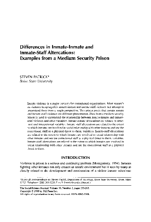 (PDF) Differences in inmate-inmate and inmate-staff altercations ...