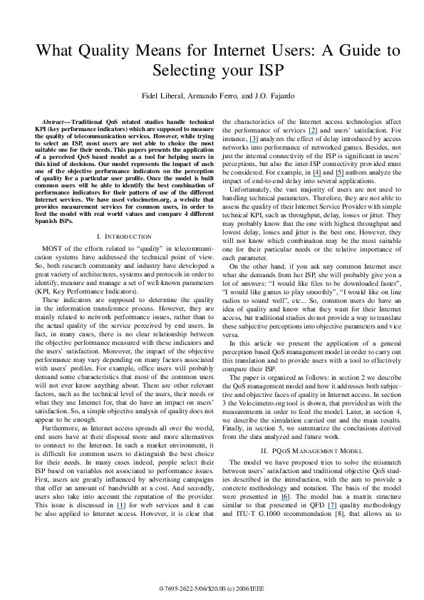 (PDF) What Quality Means for Internet Users: A Guide to Selecting your ISP