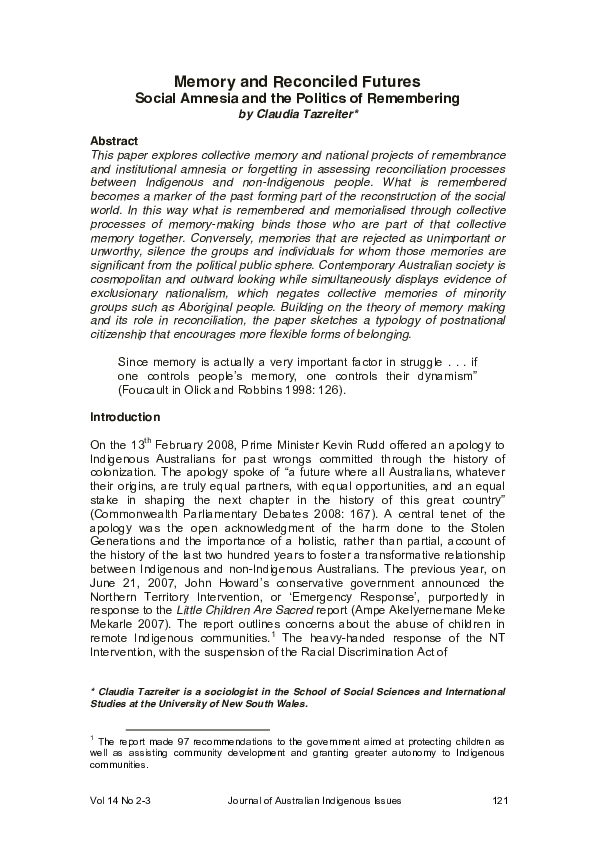 (PDF) Memory and Reconciled Futures Social Amnesia and the Politics of ...