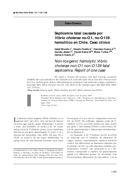 (PDF) Septicemia fatal causada por Vibrio cholerae no-O1, no-O139 hemol tico en Chile: Caso cl nico