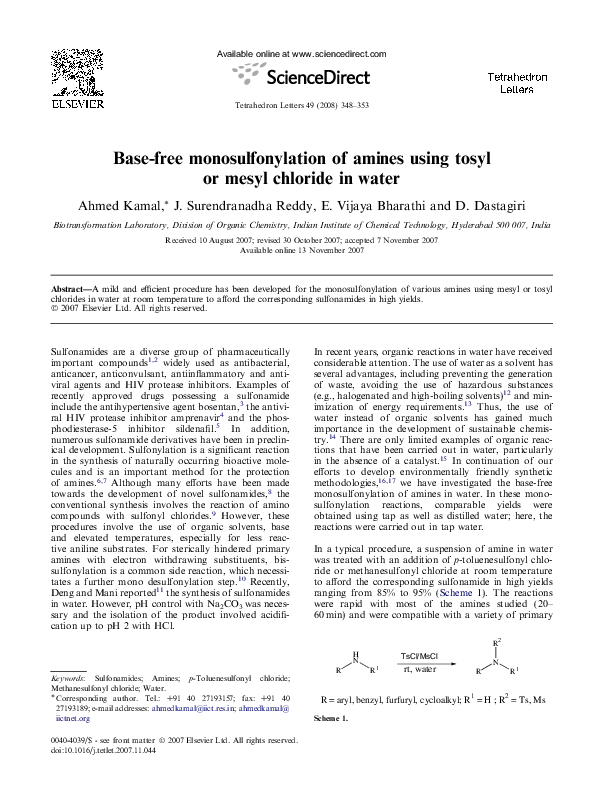 (PDF) Base-free monosulfonylation of amines using tosyl or mesyl ...
