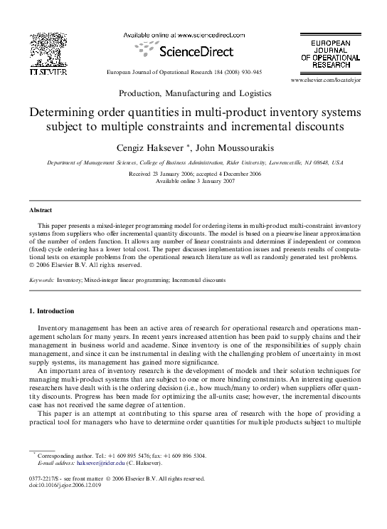 (PDF) Determining order quantities in multi-product inventory systems subject to multiple ...