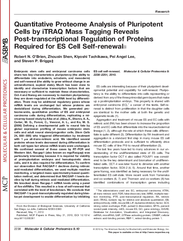 (PDF) Quantitative proteome analysis of pluripotent cells by iTRAQ mass tagging reveals post ...
