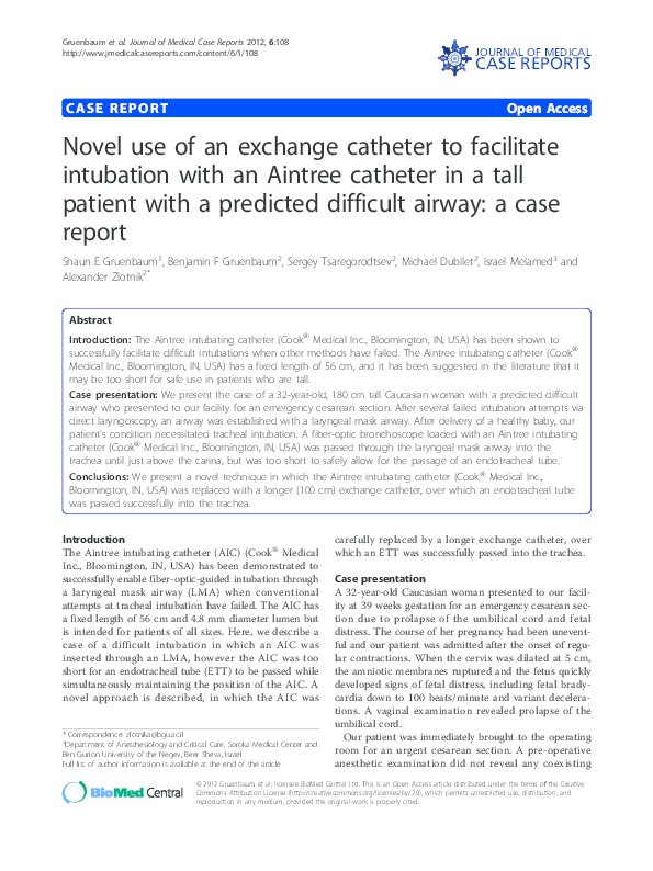 (PDF) Novel use of an exchange catheter to facilitate intubation with ...