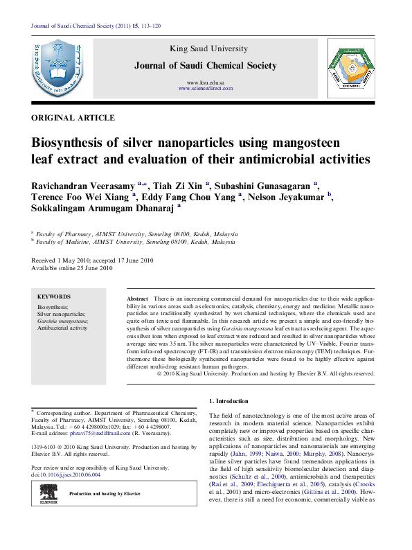 (PDF) Biosynthesis of silver nanoparticles using mangosteen leaf extract and evaluation of their ...