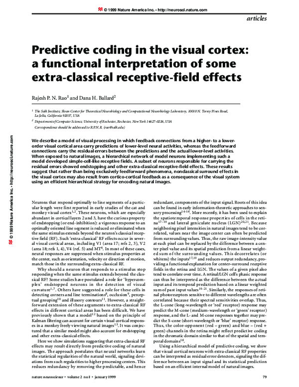 (PDF) Predictive coding in the visual cortex: a functional interpretation of some extra ...