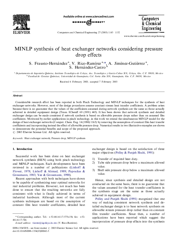 (PDF) MINLP synthesis of heat exchanger networks considering pressure drop effects