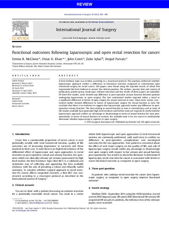Pdf Functional Outcomes Following Laparoscopic And Open Rectal Resection For Cancer