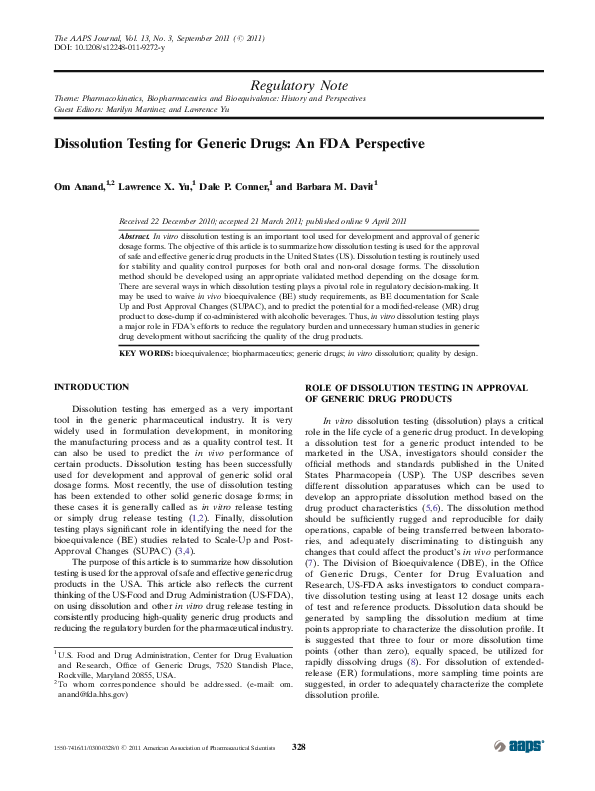 (PDF) Dissolution Testing for Generic Drugs: An FDA Perspective