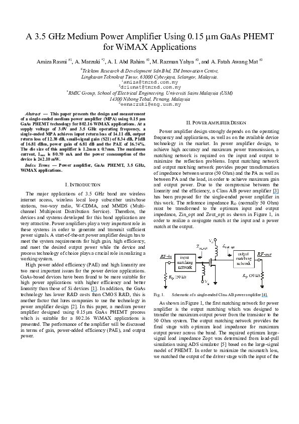 (PDF) A 3.5 GHz medium power amplifier using 0.15 µm GaAs PHEMT for WiMAX applications