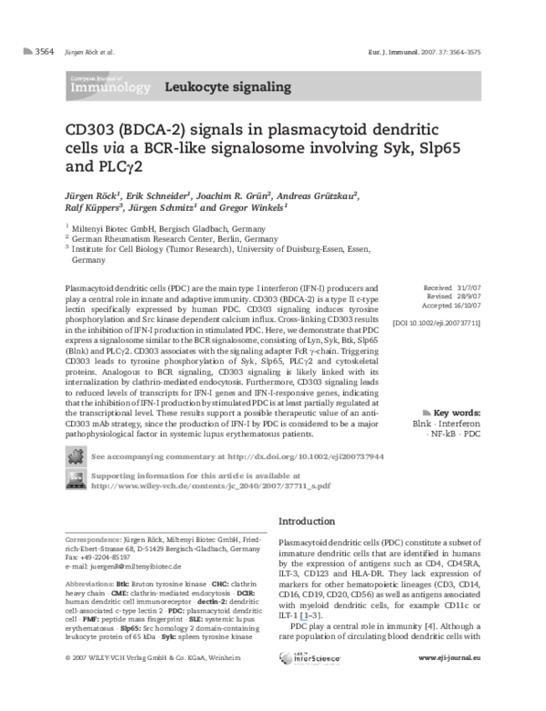 (PDF) CD303 (BDCA-2) signals in plasmacytoid dendritic cellsvia a BCR ...