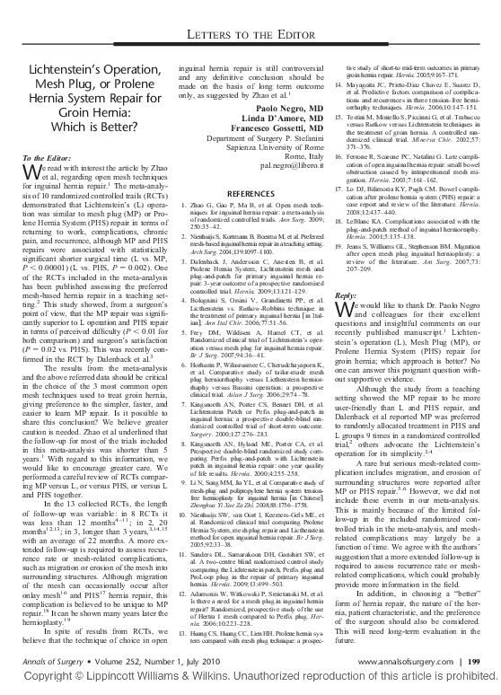 (PDF) Lichtensteinʼs Operation, Mesh Plug, or Prolene Hernia System ...