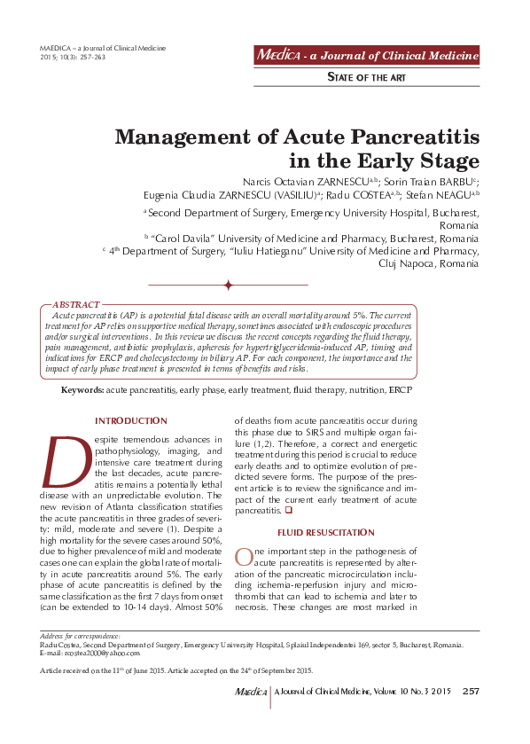 (PDF) Management of Acute Pancreatitis in the Early Stage