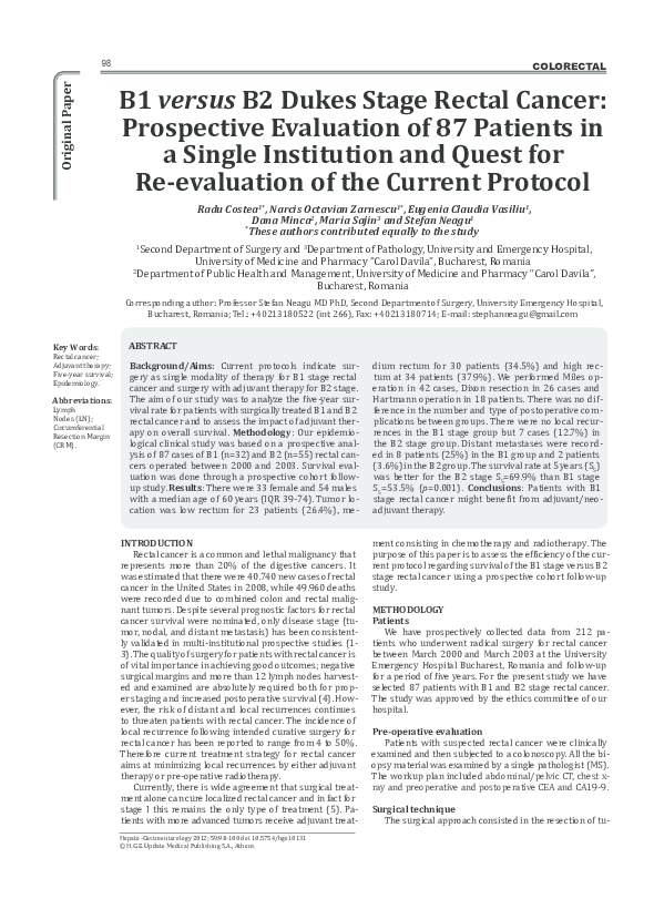 (PDF) B1 versus B2 Dukes stage rectal cancer: prospective evaluation of ...