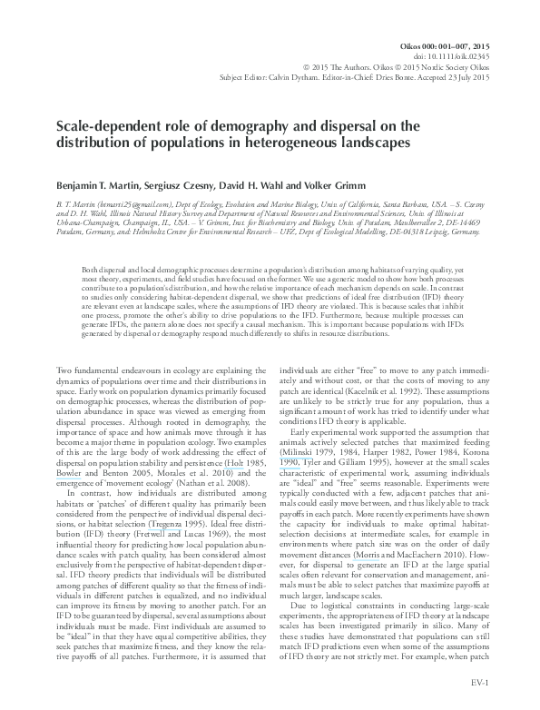 (PDF) Scale-dependent role of demography and dispersal on the distribution of populations in ...