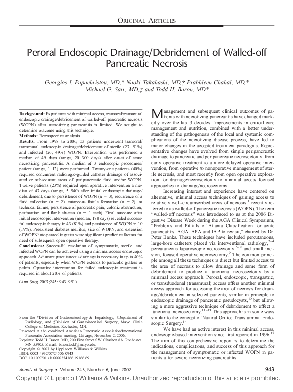 (PDF) Peroral Endoscopic Drainage/Debridement of Walled-off Pancreatic ...