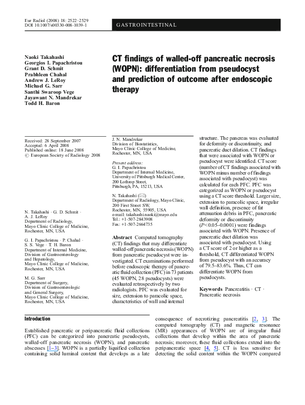 (PDF) CT findings of walled-off pancreatic necrosis (WOPN ...