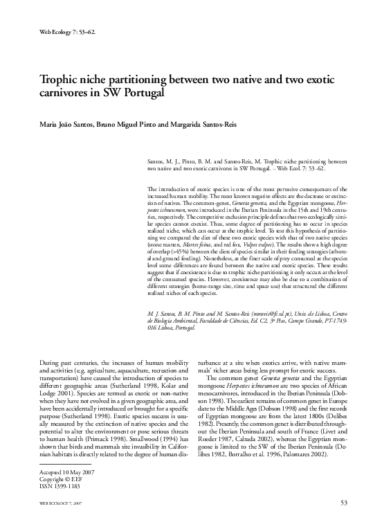 (PDF) Tr ophic niche partitioning between two native and two exotic carnivores in SW Portugal
