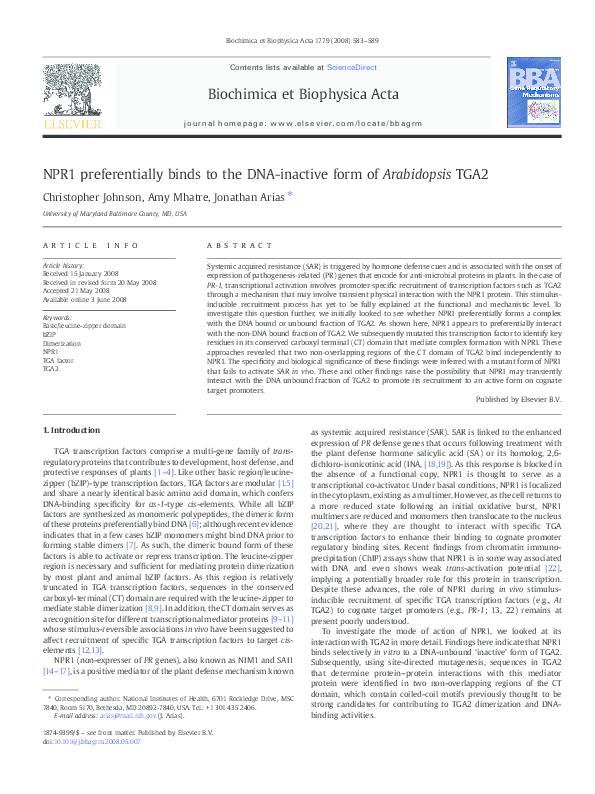 (PDF) NPR1 preferentially binds to the DNA-inactive form of Arabidopsis ...