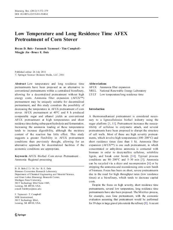 (PDF) Low Temperature and Long Residence Time AFEX Pretreatment of Corn ...