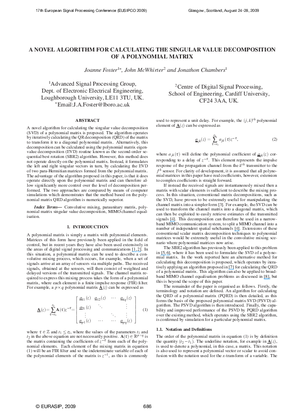 Pdf A Novel Algorithm For Calculating The Qr Decomposition Of A Polynomial Matrix