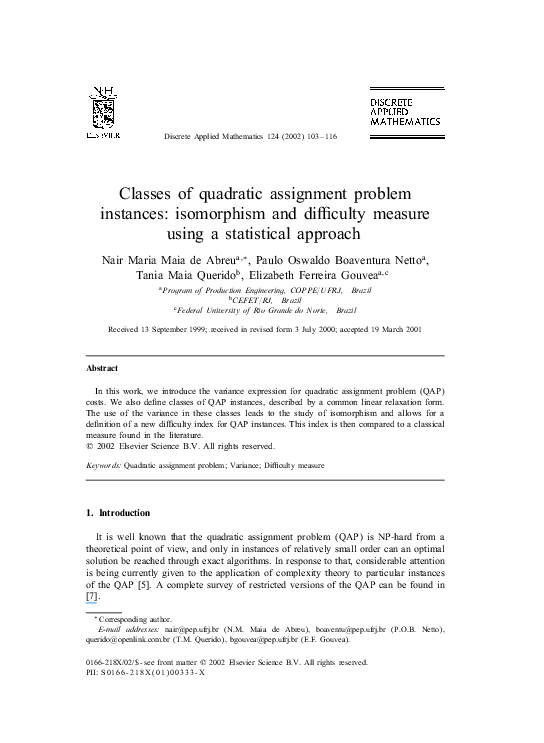Pdf Classes Of Quadratic Assignment Problem Instances Isomorphism And Difficulty Measure