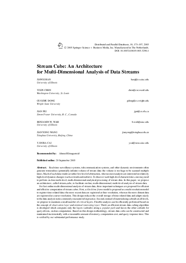 (PDF) Stream Cube: An Architecture for Multi-Dimensional Analysis of Data Streams
